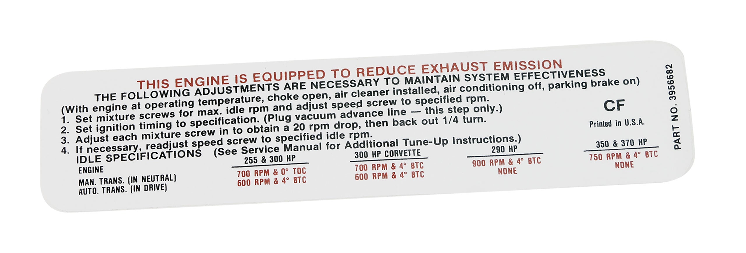 1969-1969 Corvette Label. Emission 300,350 Horsepower | Corvette Store ...