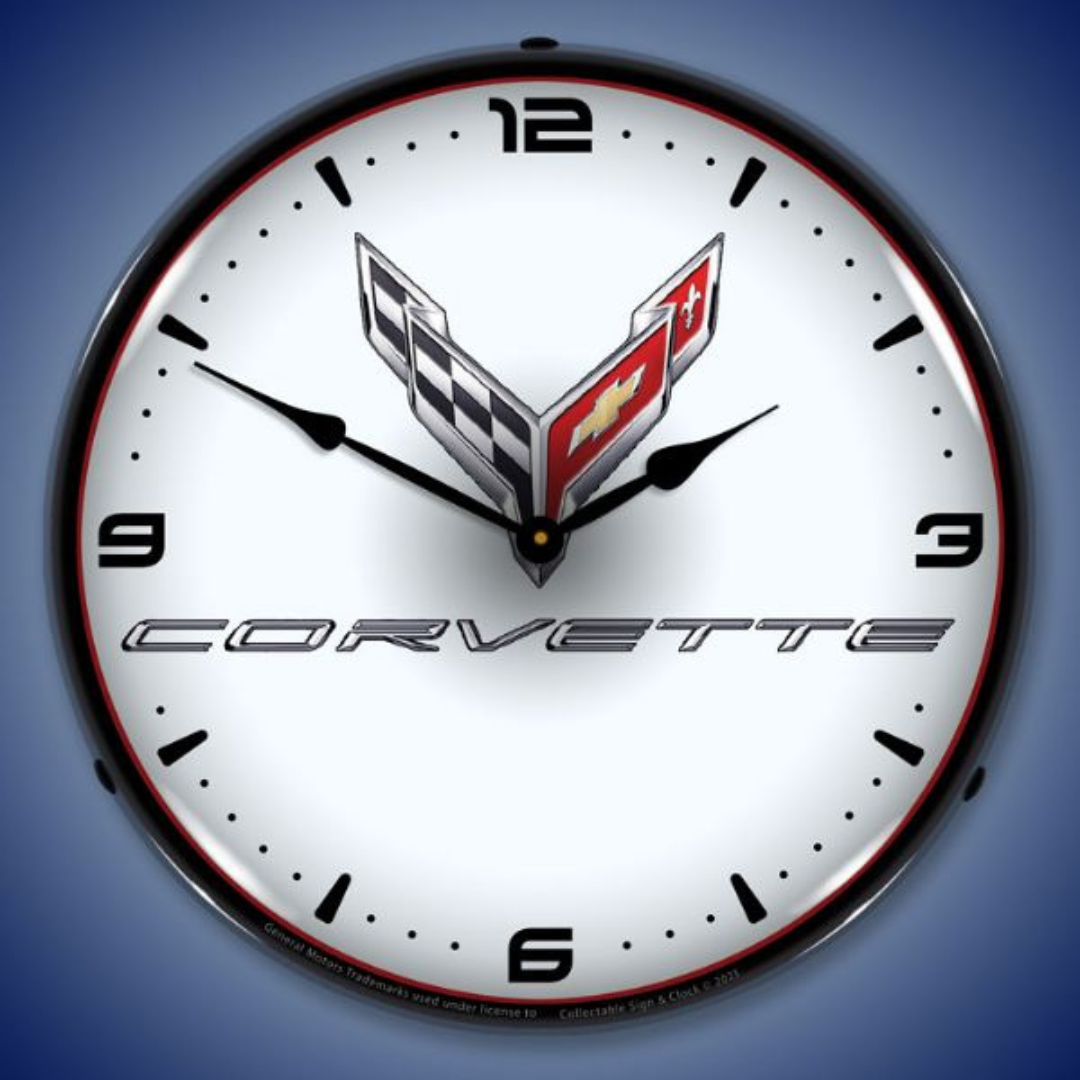 C8 Corvette White Lighted Wall Clock | Corvette Store Online
