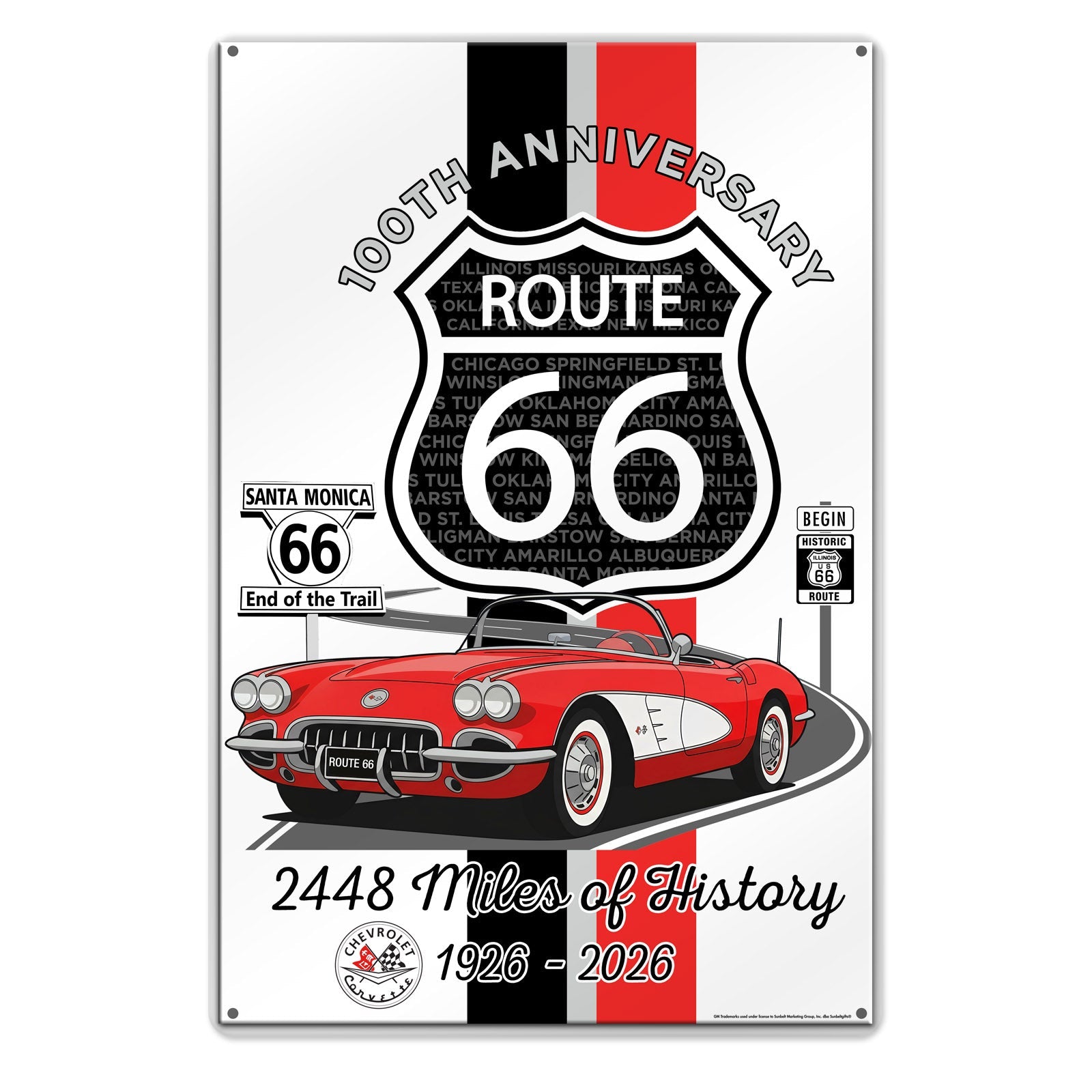 Route 66 100th Anniversary 12x18 Metal Sign – Red & White Corvette Edi