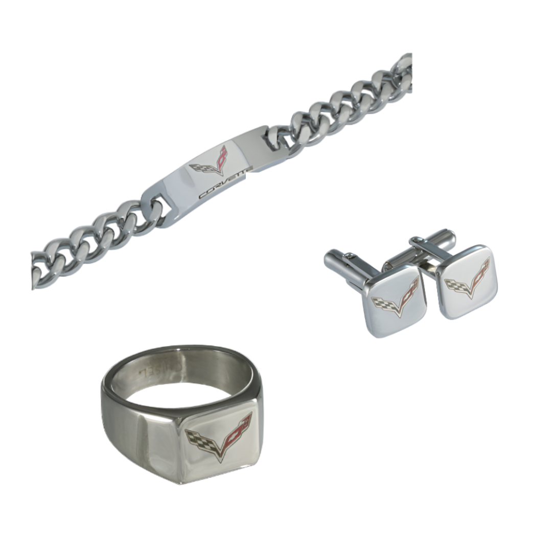 C7 Corvette Emblem Men's Bracelet, Signet Ring, and Cufflinks Bundle