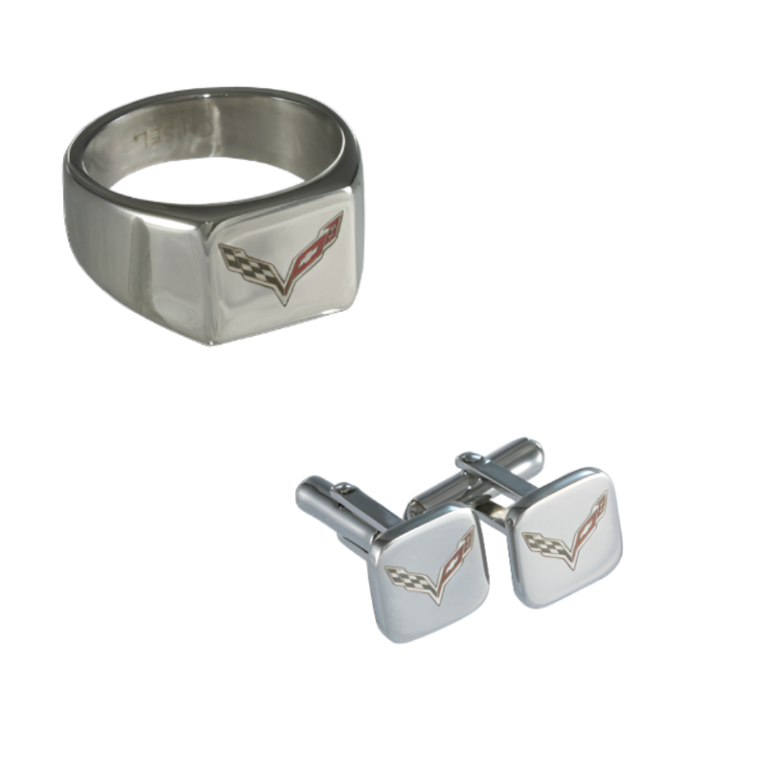 C7 Corvette Color Emblem Polished Signet Ring & Cufflinks Bundle