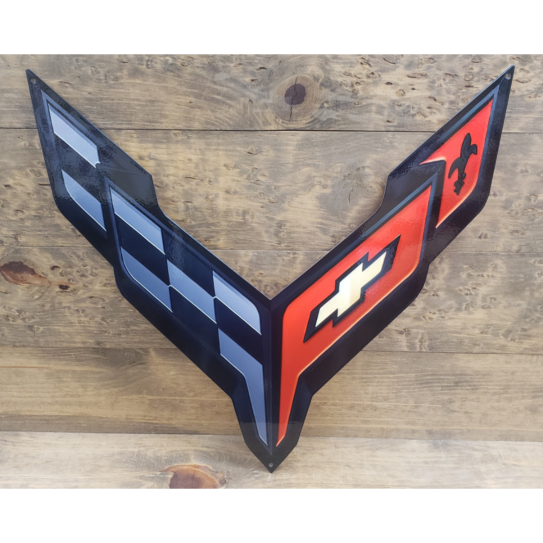 C8 Corvette Crossed Flags Emblem Steel Sign | Corvette Store Online