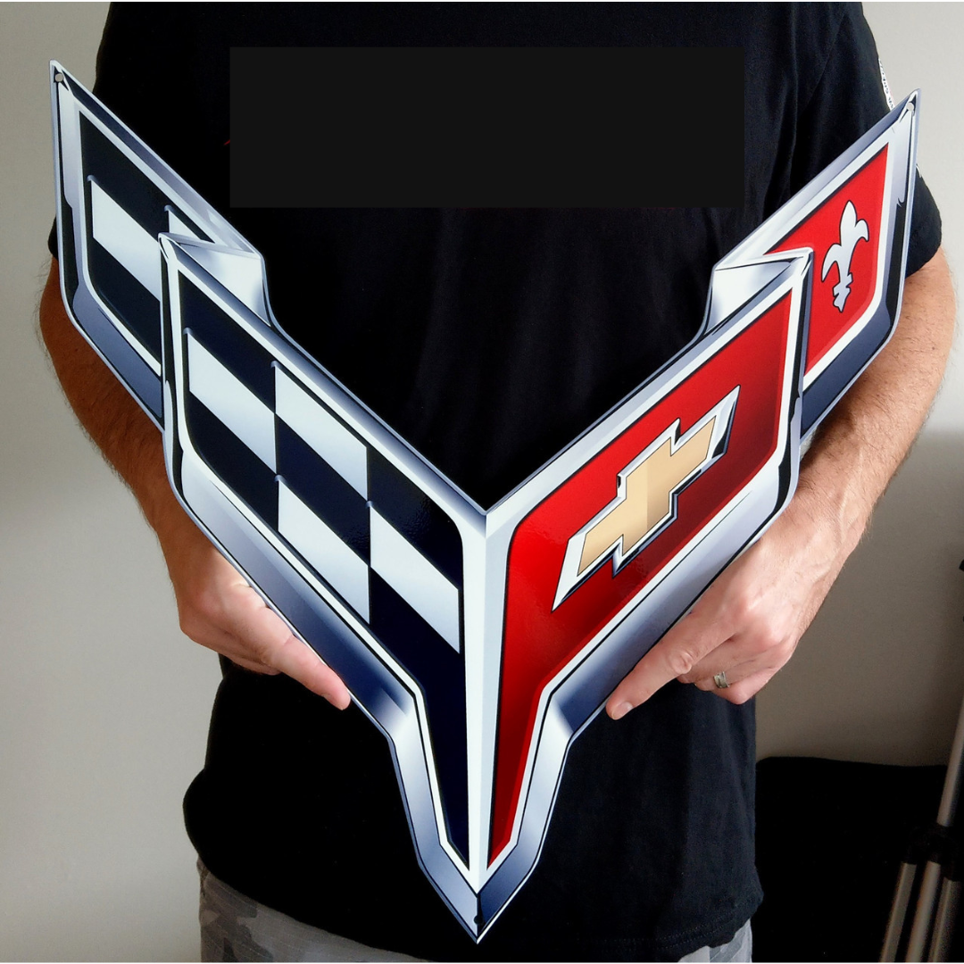 C8 Corvette Crossed Flags Emblem Steel Sign | Corvette Store Online
