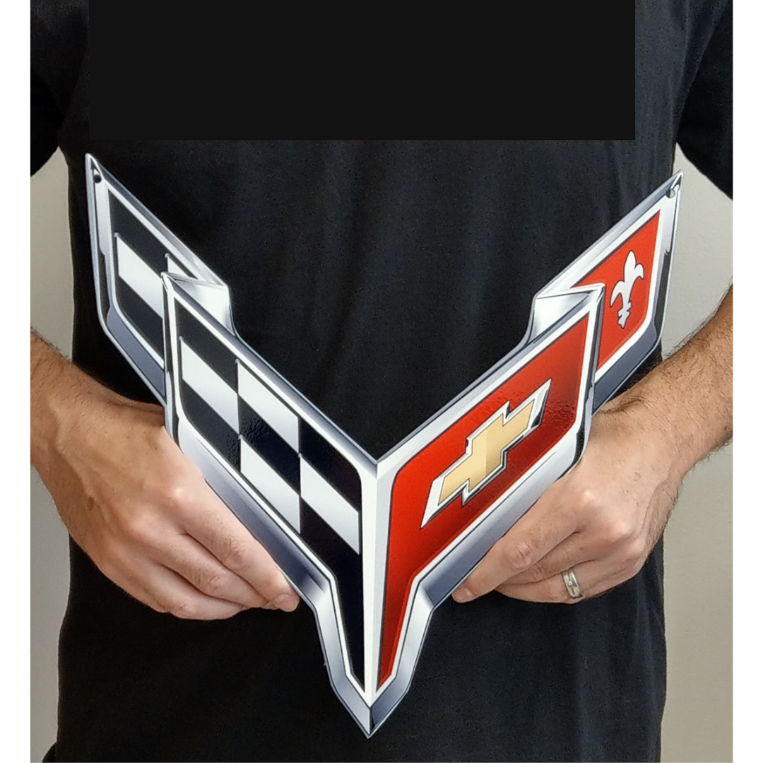 C8 Corvette Crossed Flags Emblem Steel Sign | Corvette Store Online