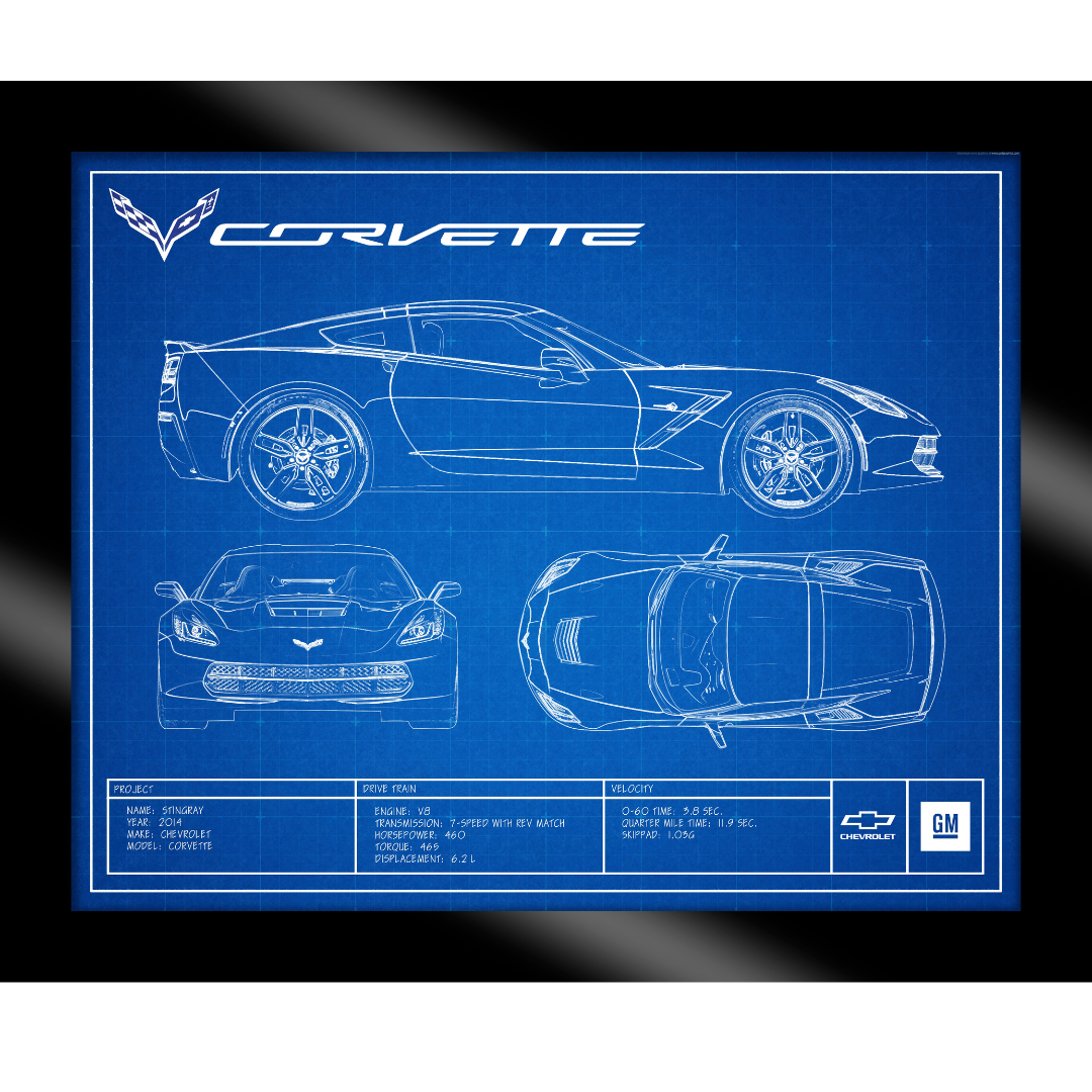 C7 Corvette Stingray Blueprint Framed Artwork | Corvette Store Online