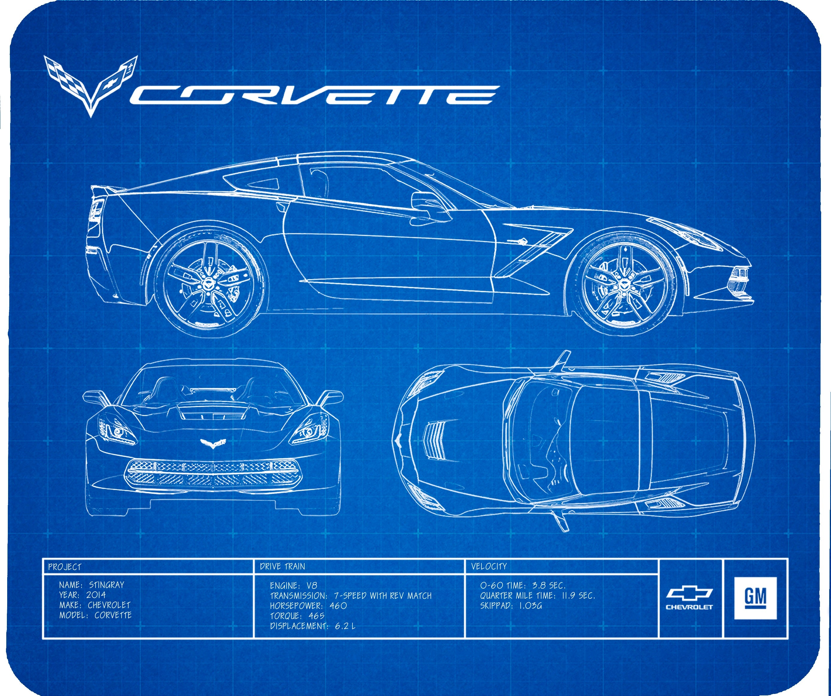 C7 Corvette Blueprint Computer Mouse Pad | Corvette Store Online