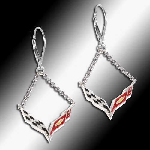 Corvette C7 Emblem Enameled Lever Back Chain Earrings - Sterling