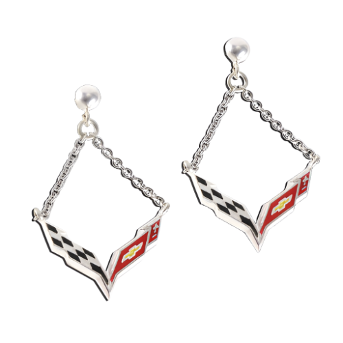 Corvette C7 Emblem Enameled Post Chain Earrings - Sterling